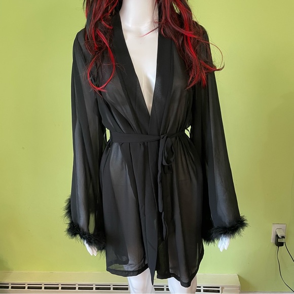 Intimates & Sleepwear | Black Sheer Marabou Feather Sleeve Trim Robe ...